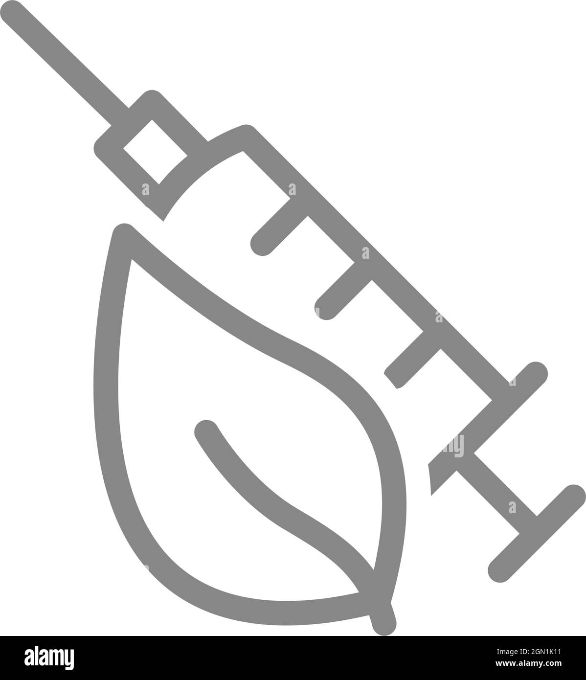 Medical syringe and plant leaf line icon. Vaccination, injection ...