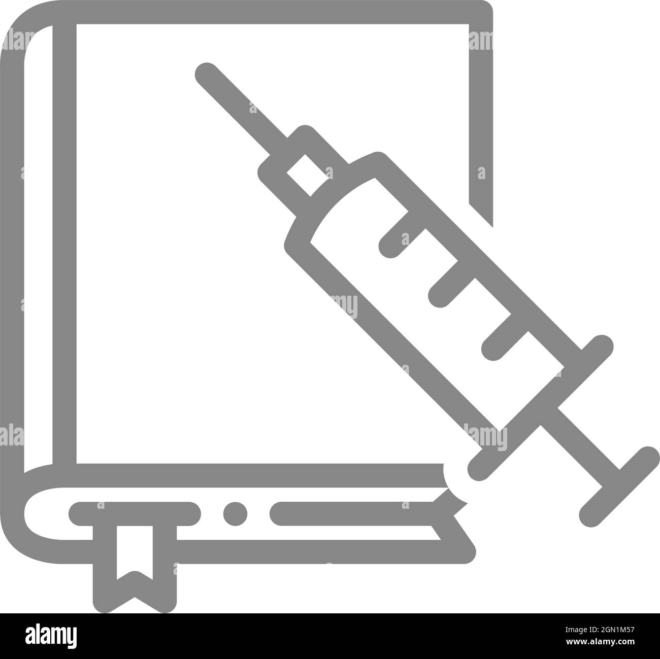 Medical syringe and book line icon. Vaccination information, medical ...