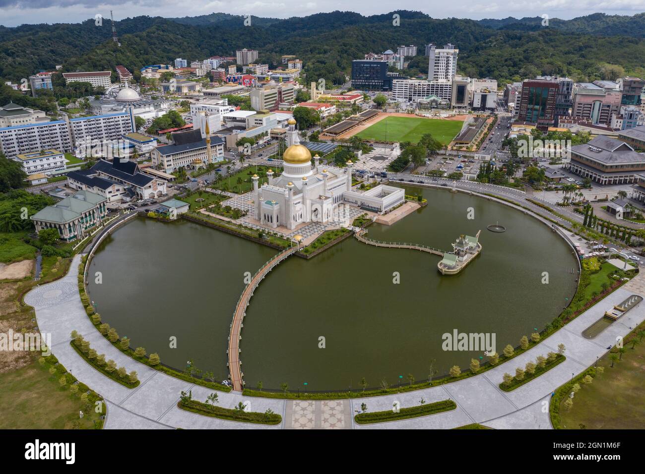 Aerial of parkland, Royal Barge, Omar Ali Saifuddien Mosque and ...