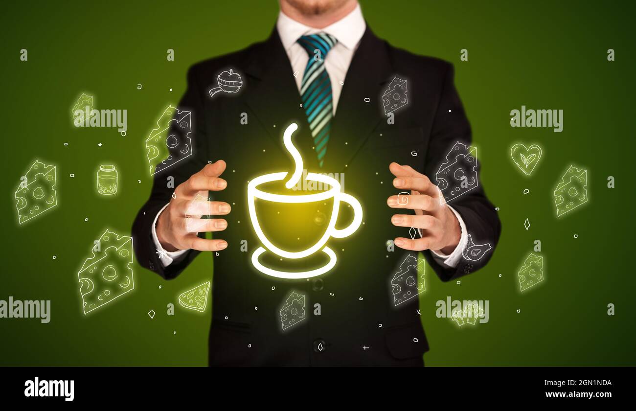 Hand holding food related icons Stock Photo - Alamy