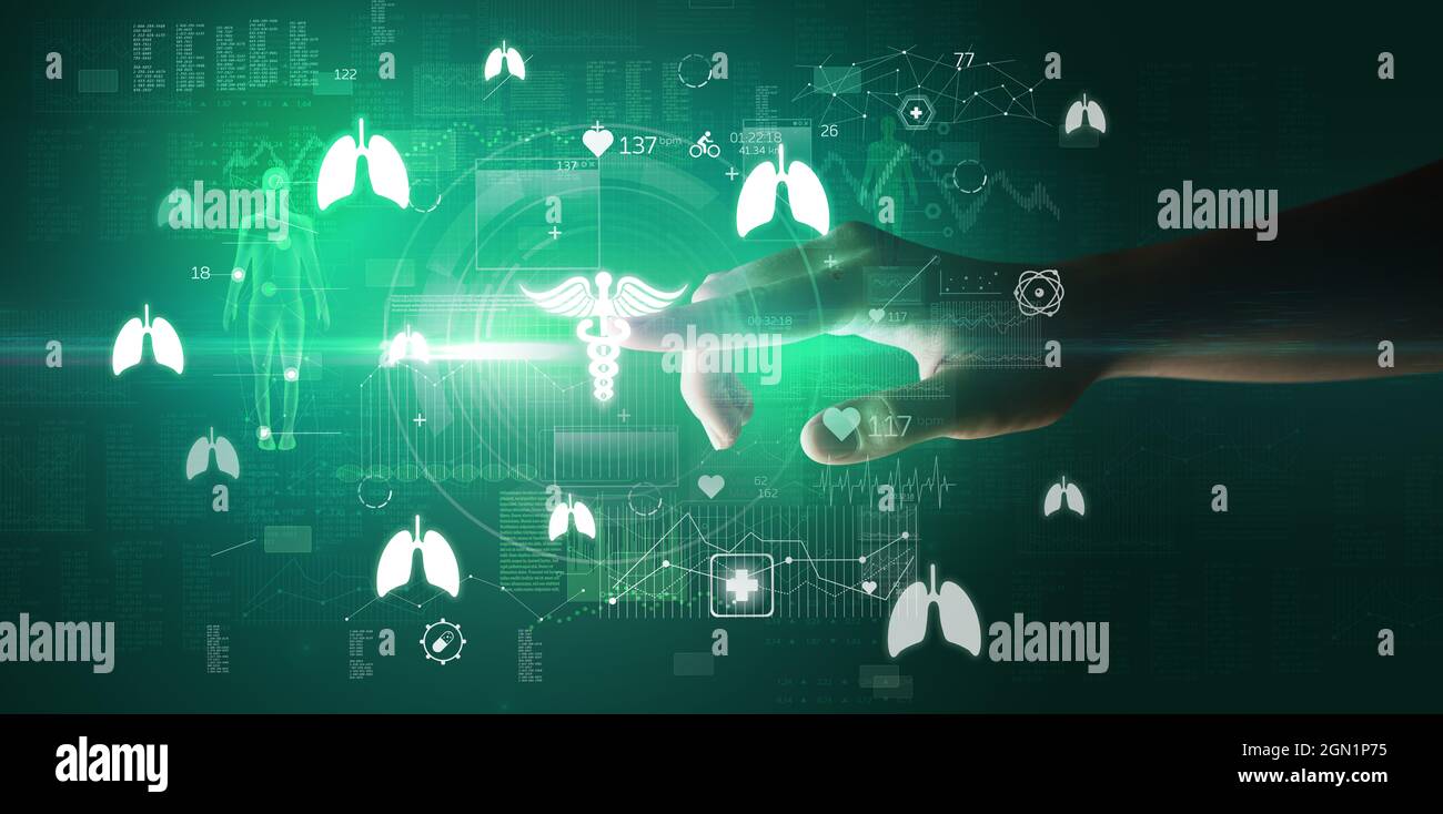 Doctor hand pressing futuristic health device with medical symbol on ...