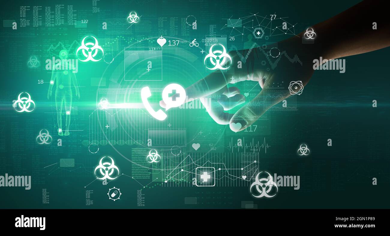 Doctor hand pressing futuristic health device with medical symbol on screen Stock Photo - Alamy