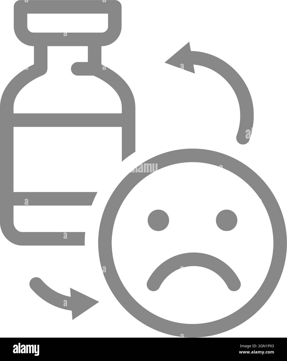 Medical ampoule and sad face line icon. Vaccination, consequences of ...