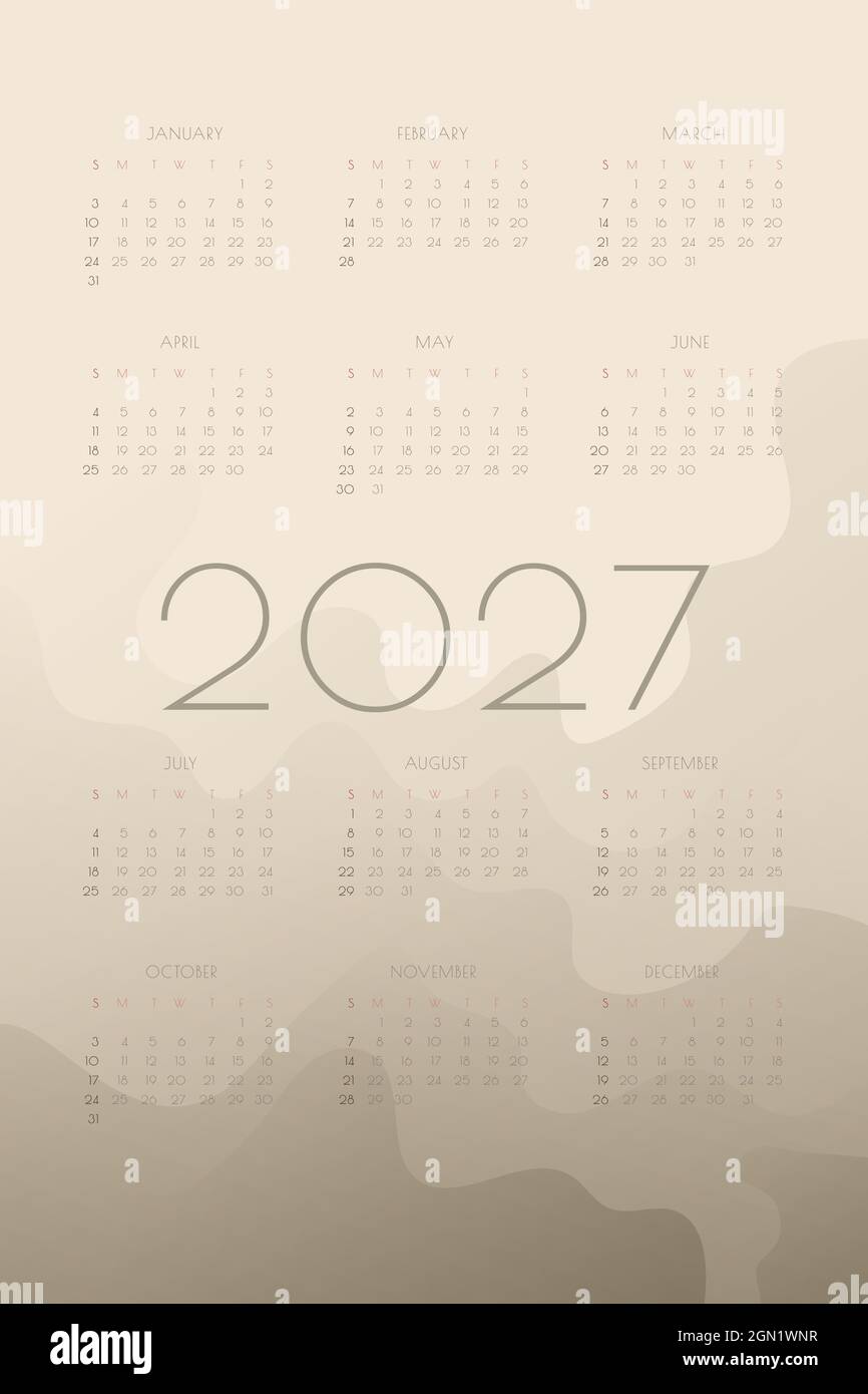 2027 calendar with olive khaki gradient fluid wave shapes. vertical ...