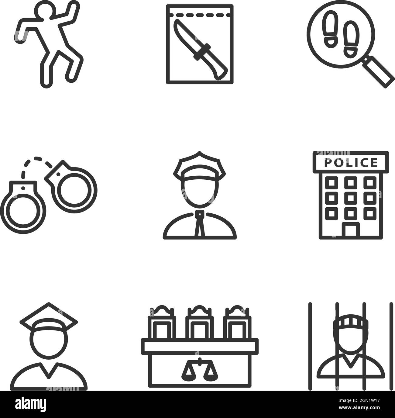 Crime and justice. Set of linear icons isolated on white background ...