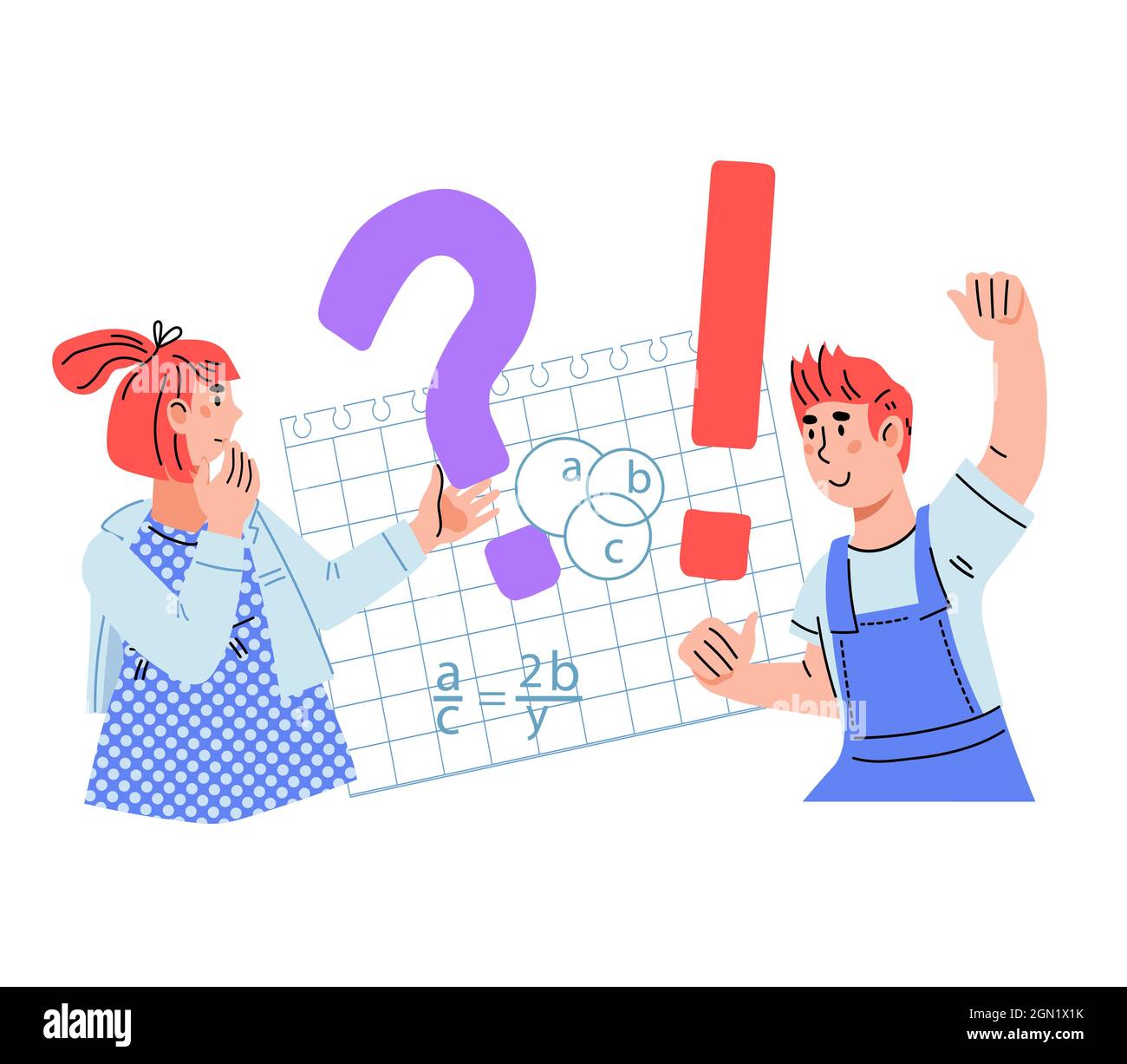 Children studying, asking question and solving tasks, flat cartoon ...