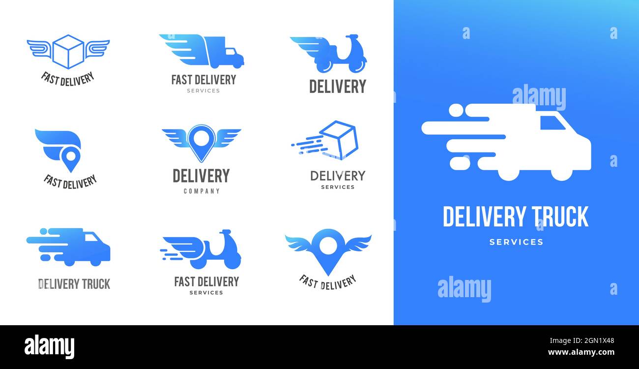 Blue delivery logos collection, set of emblems, symbols and icons. Fast ...