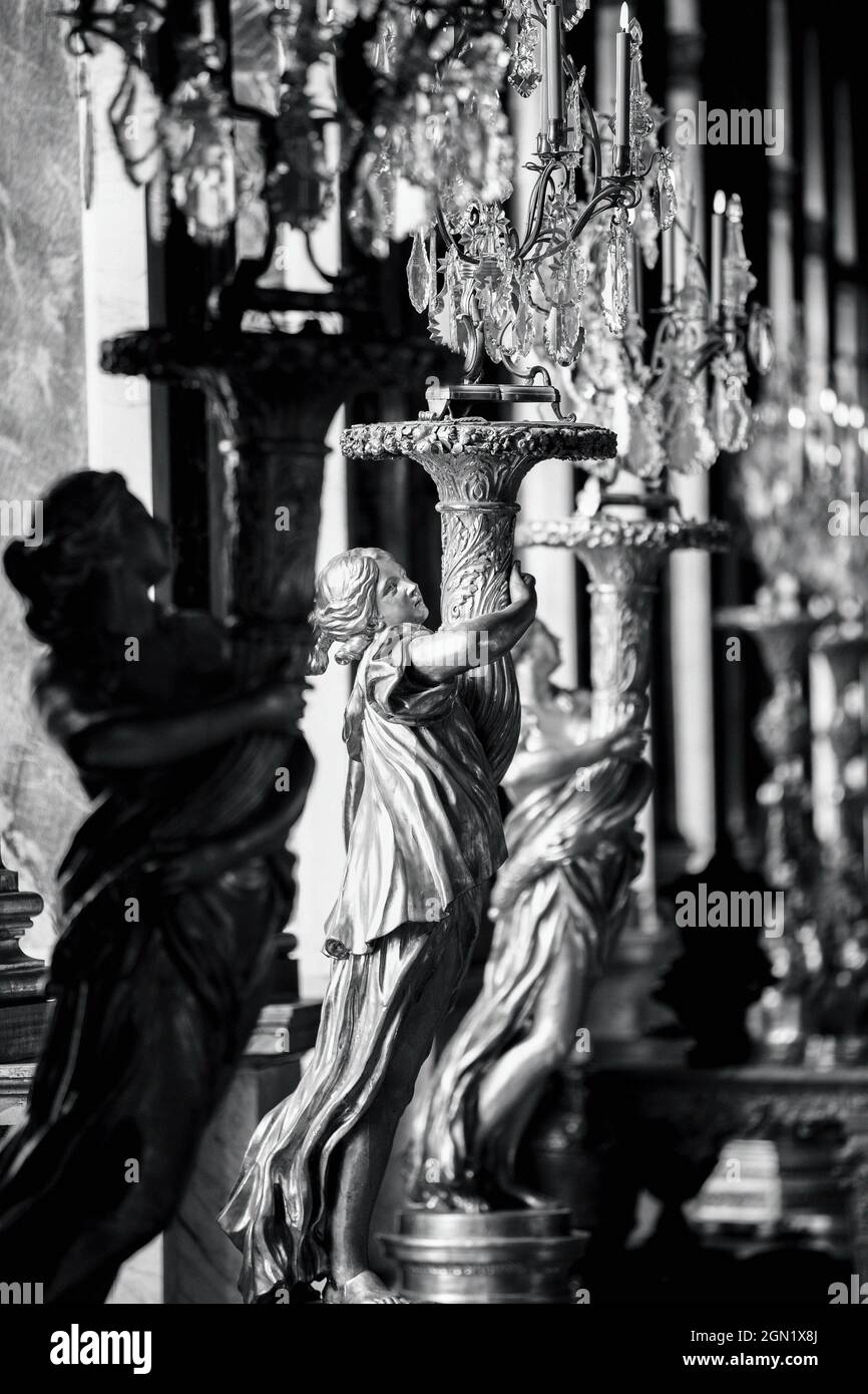 PARIS, FRANCE - May 10, 2018: A grayscale shot of the statues at the ...
