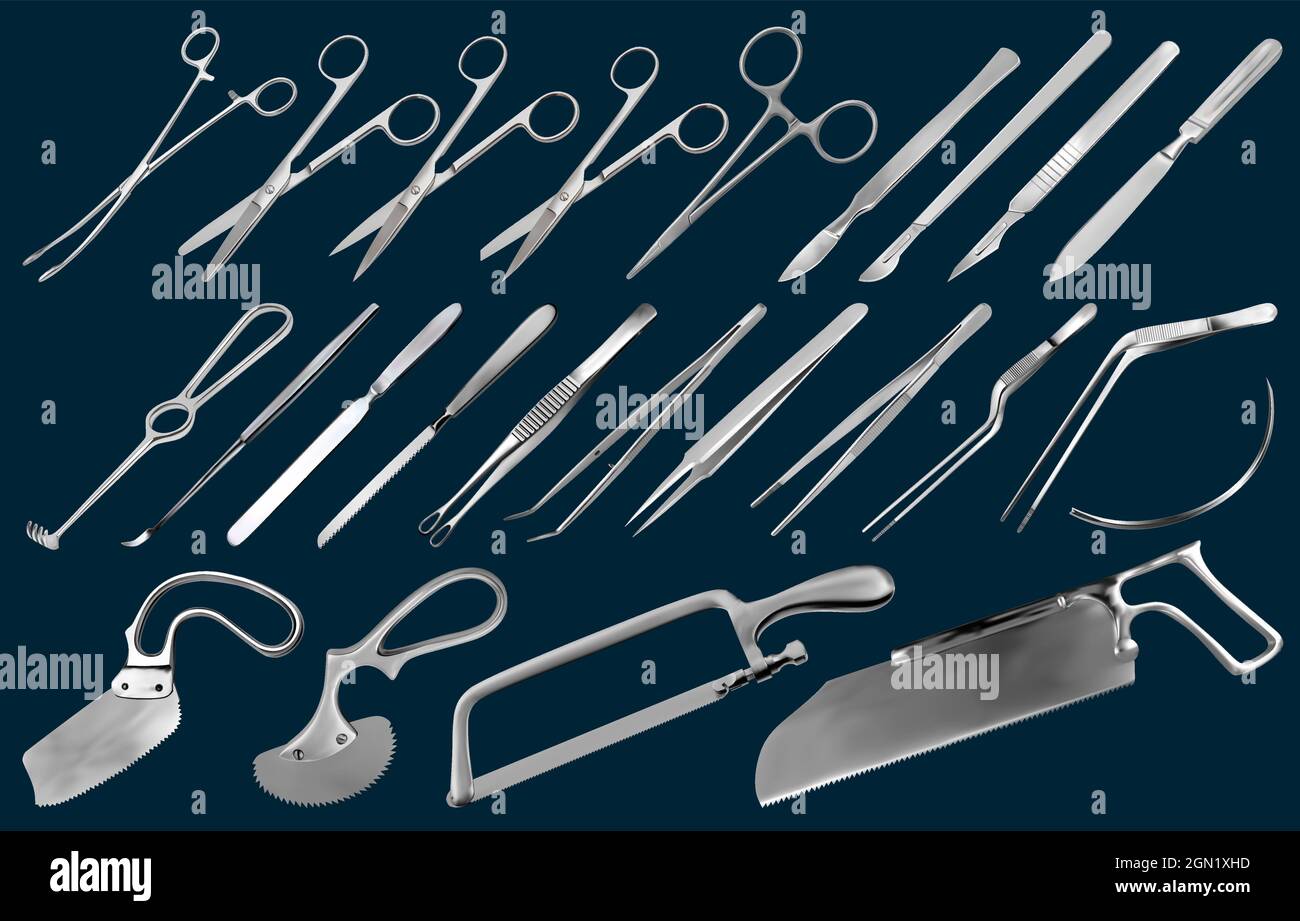 Surgical instruments set. Tweezers, scalpels, saws. Liston s knife ...