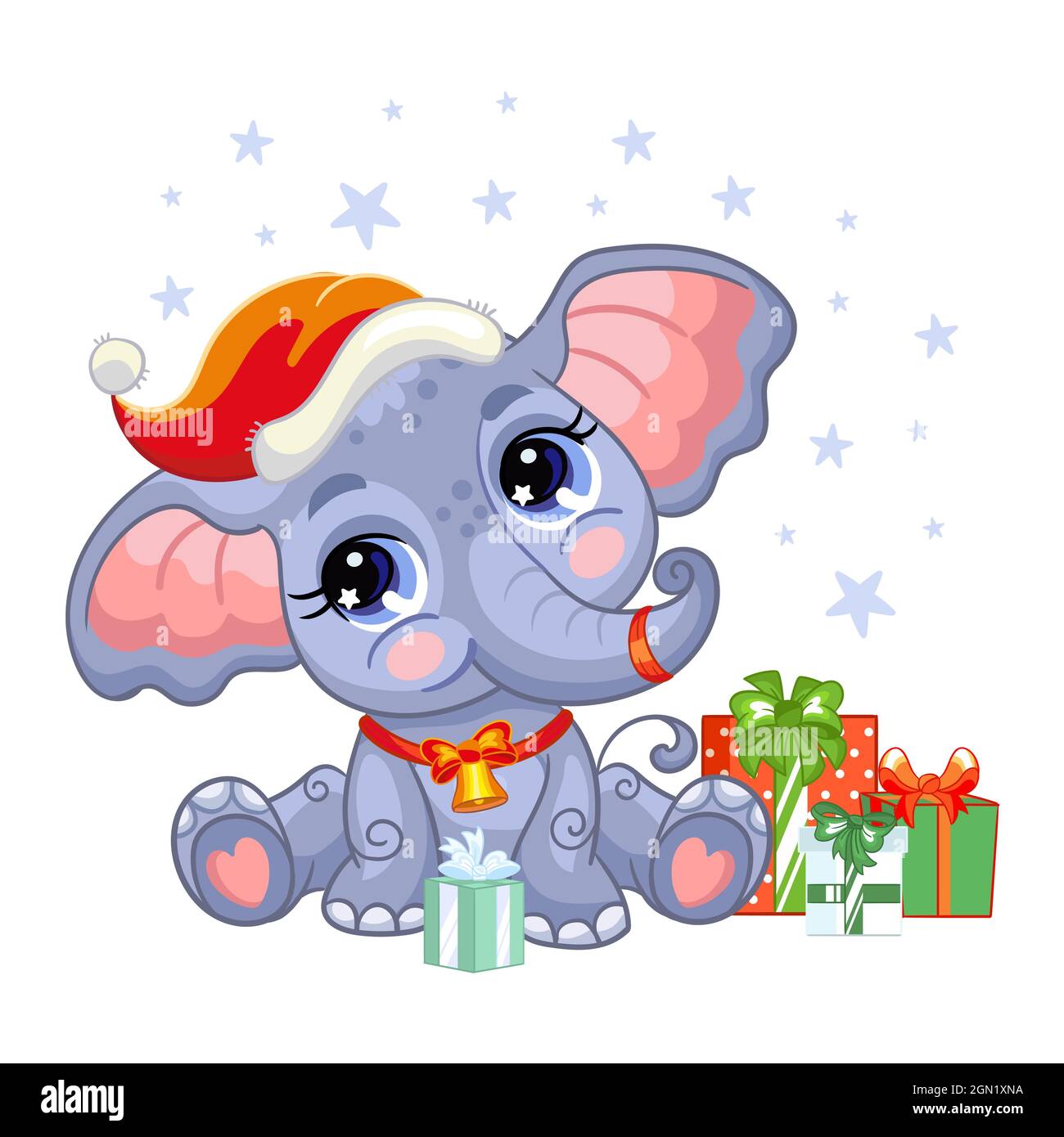 Cute elephant in a Christmas hat with gifts and snowflakes. Cartoon ...