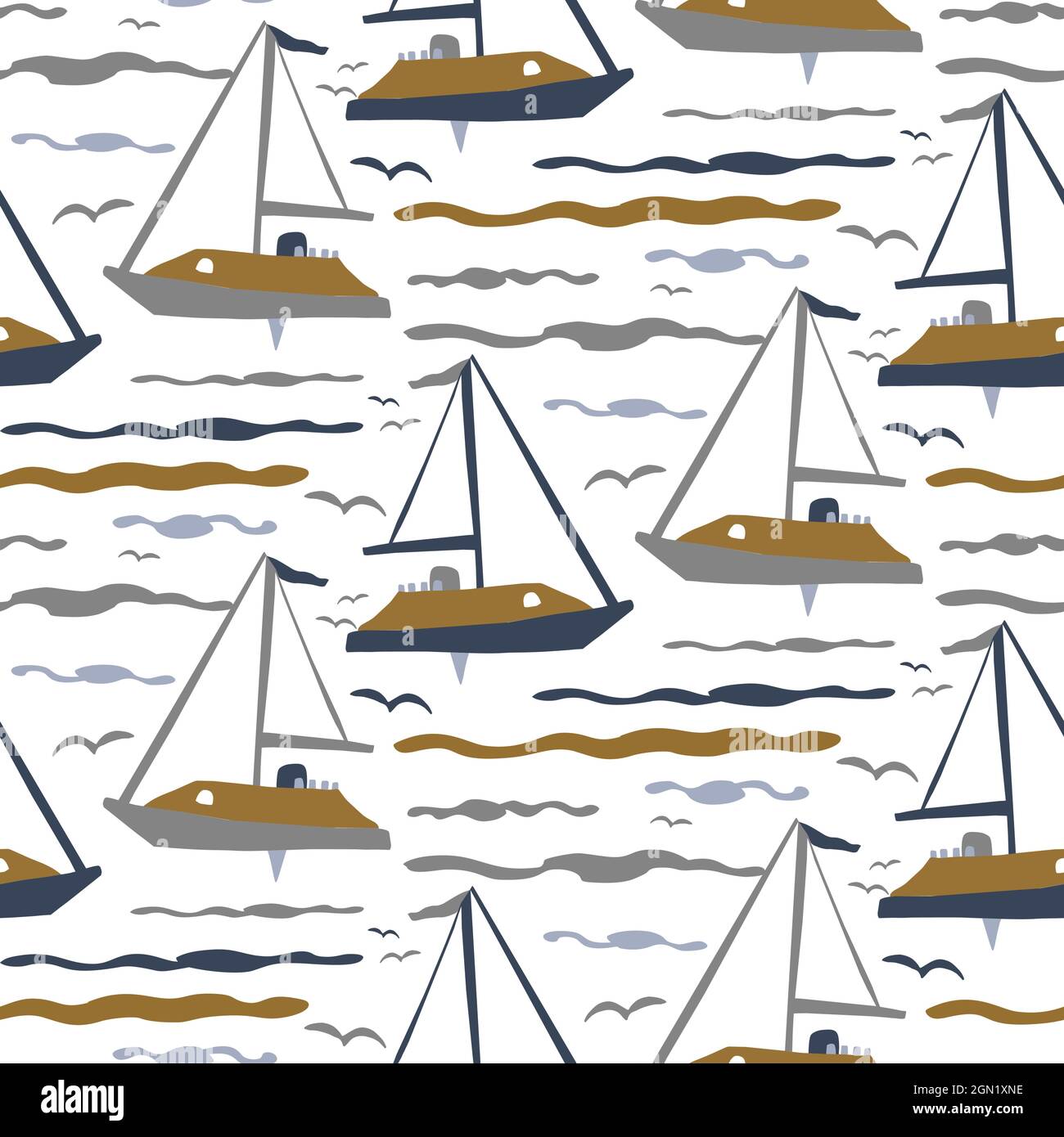Masculine drawn boat doodle motif seamless pattern. Classic retro ...