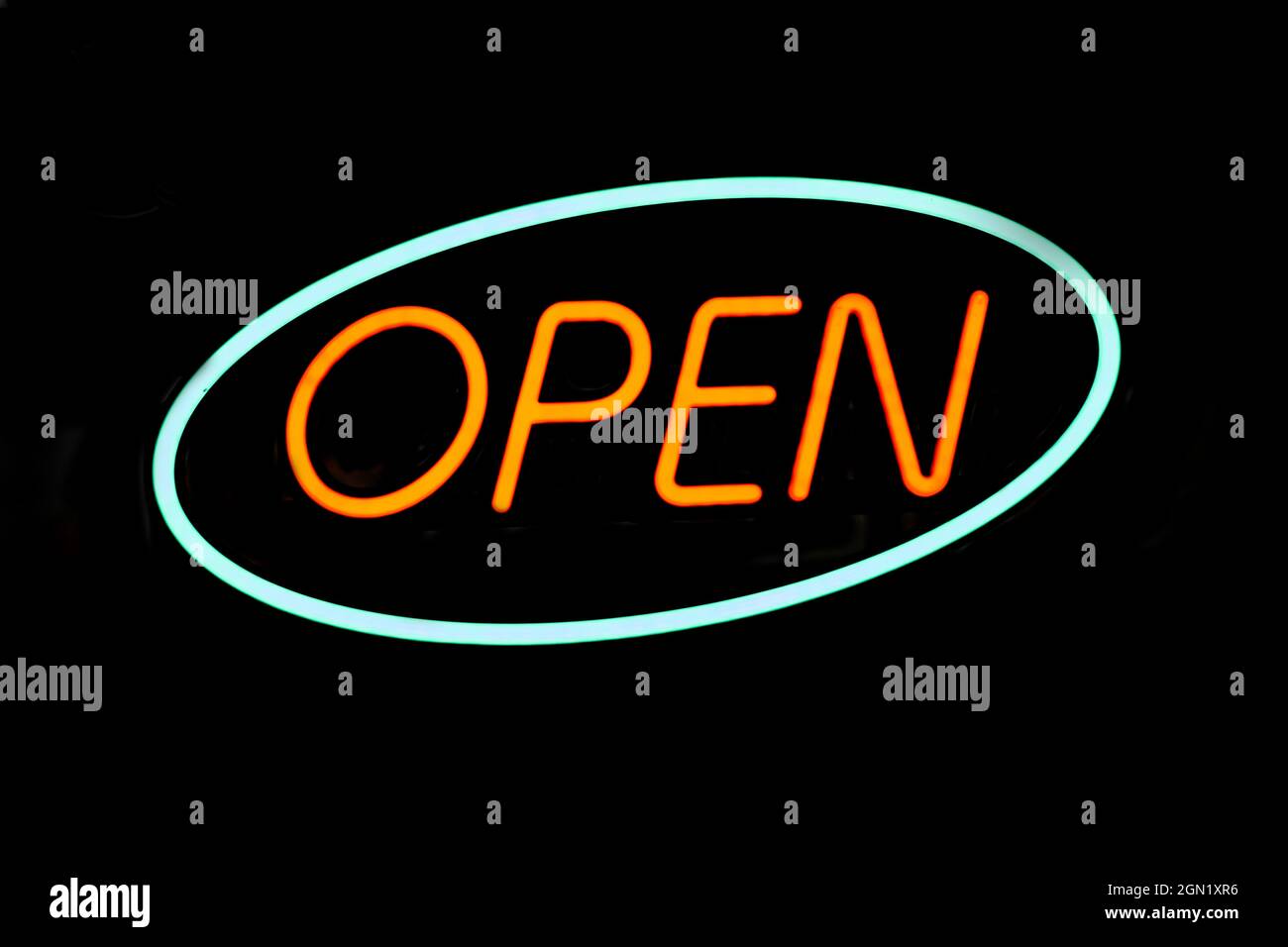 Illustration of a neon Open sign on a black background Stock Photo - Alamy