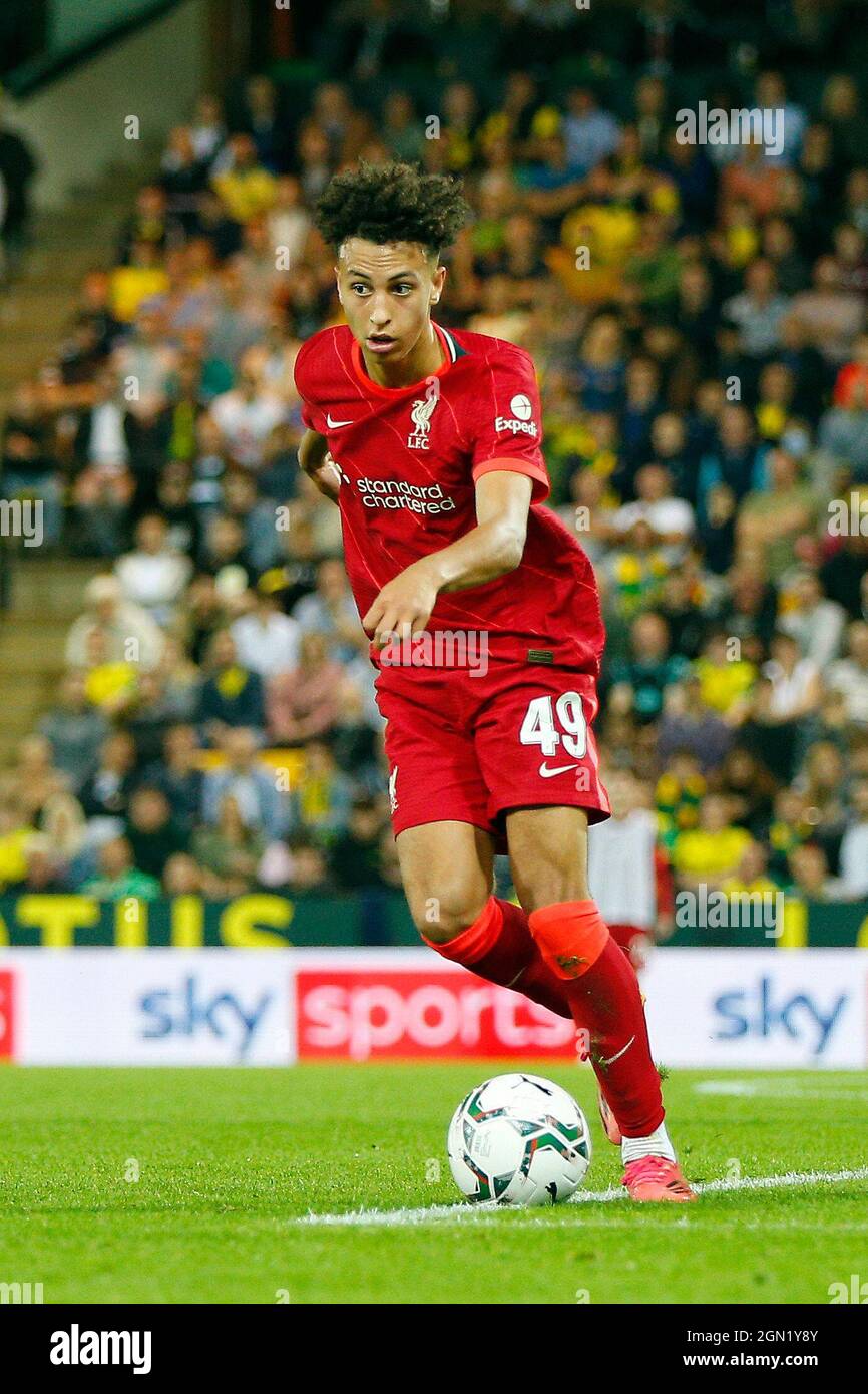 Norwich, UK. 21st Sep, 2021. Kaide Gordon of Liverpool runs with the ...