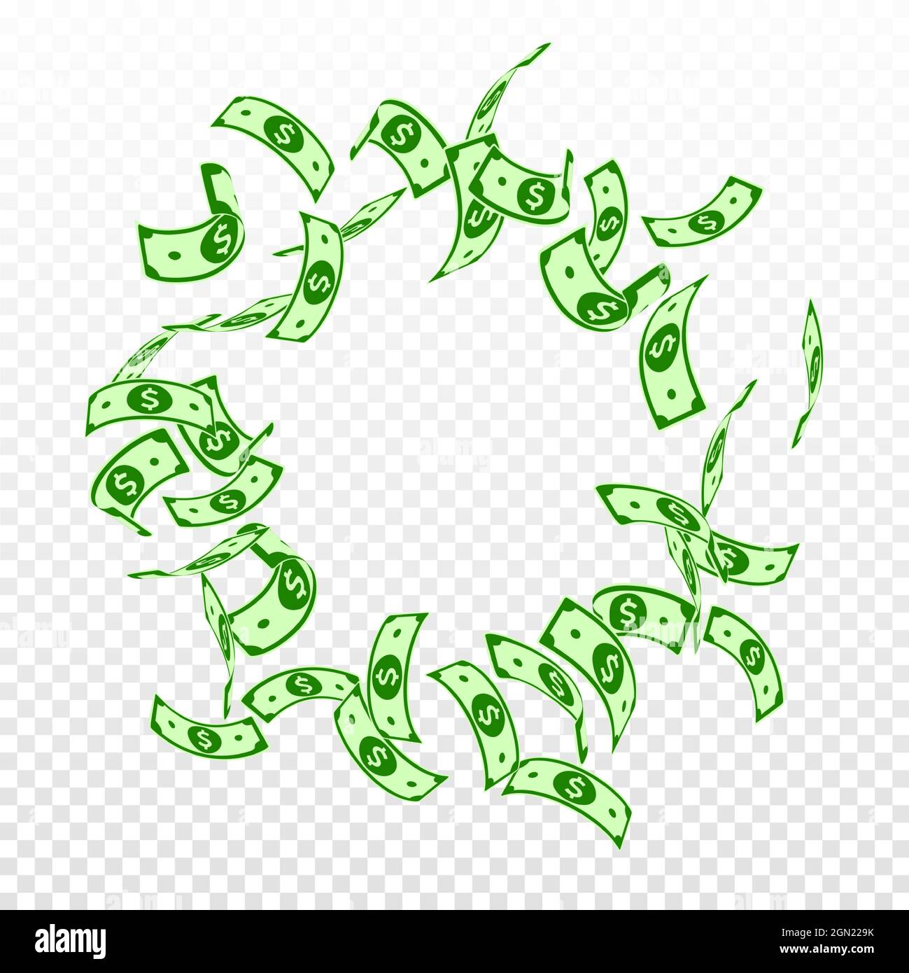 American dollar notes falling. Floating USD bills on transparent ...