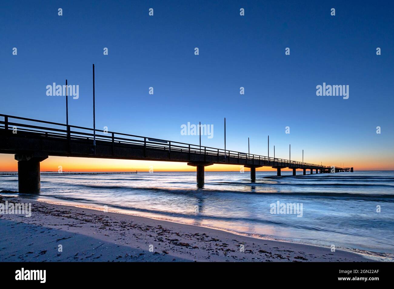 View of the pier in Großenbrode in the morning light, Ostseebad ...