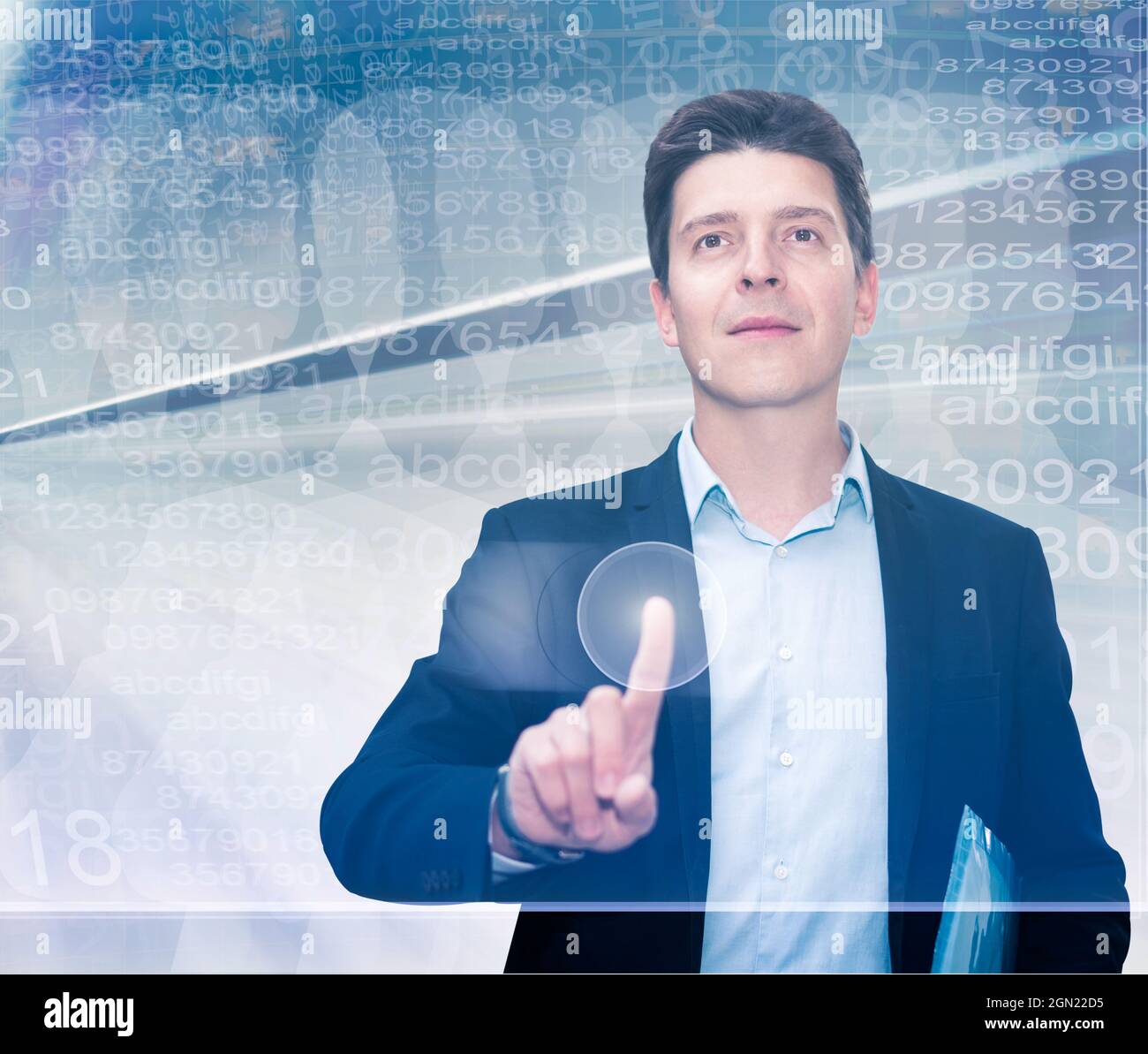 Man in suit touching screen Stock Photo - Alamy