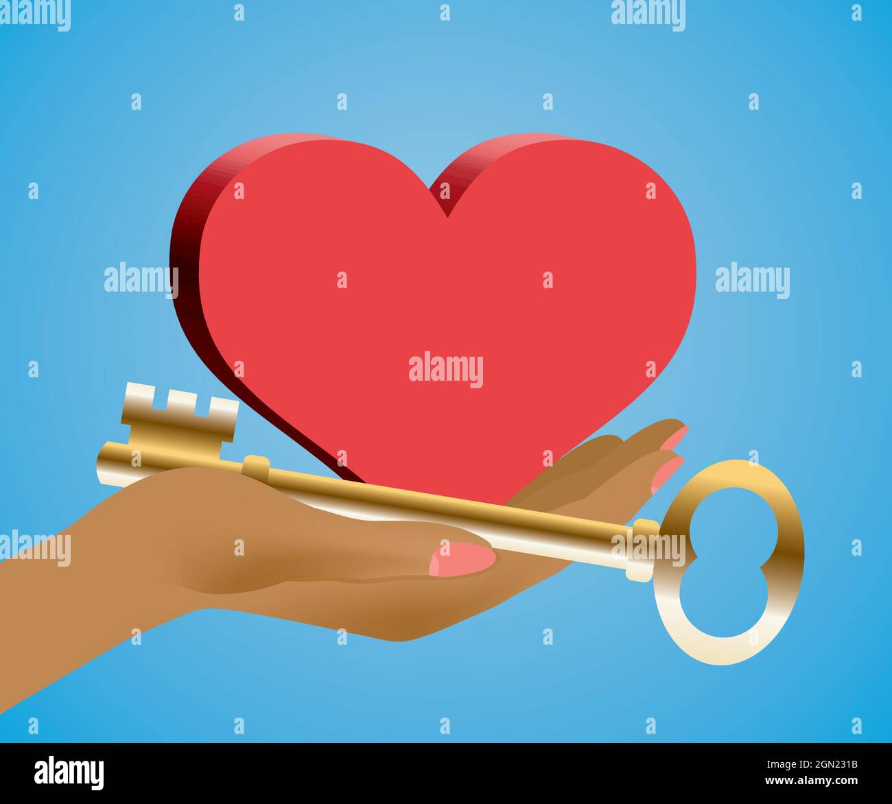 Key to heart. Dark skin hand holding golden key and heart. Conceptual ...