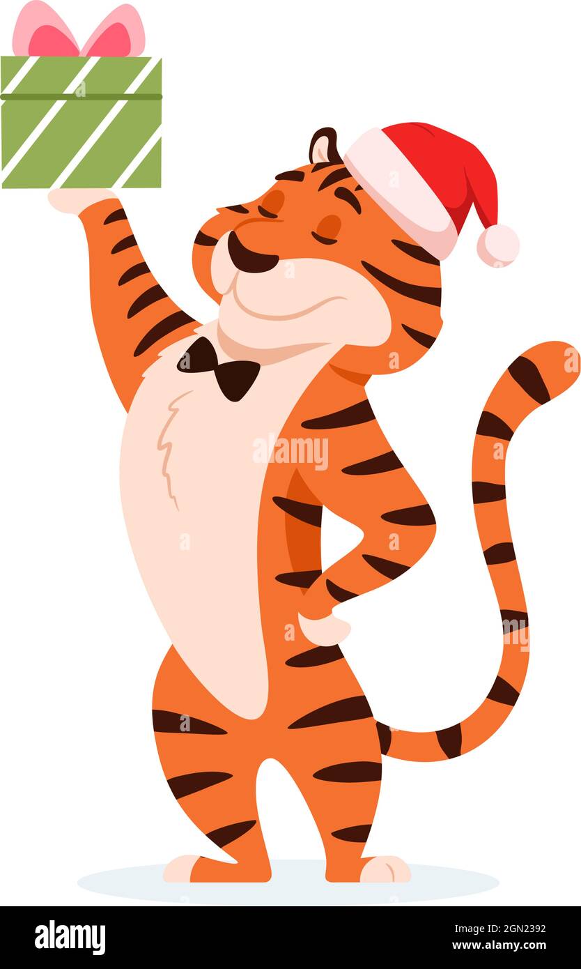 Cute cartoon tiger with Christmas present Stock Vector Image & Art - Alamy