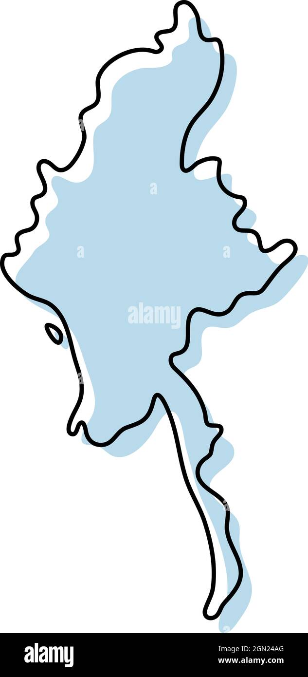 Stylized simple outline map of Myanmar icon. Blue sketch map of Myanmar ...
