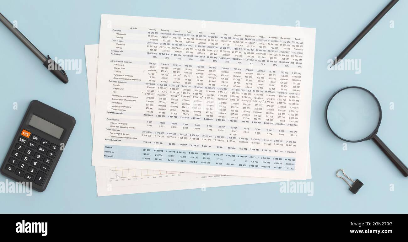 Business graphs and charts on table. Financial development, Banking ...
