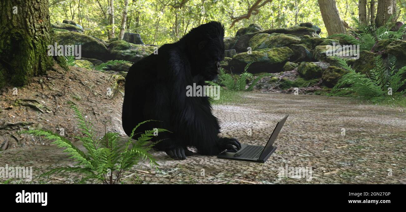 3D illustration gorilla with laptop in forest concept Stock Photo - Alamy