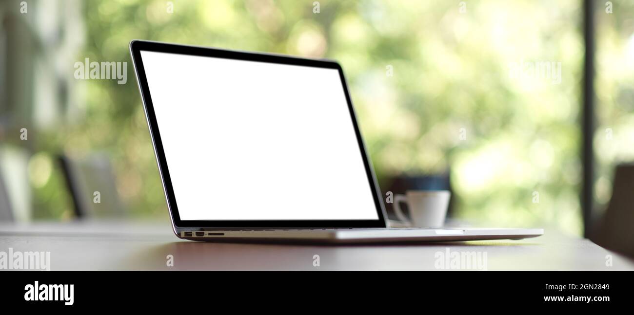Closeup, Laptop computer white screen mockup for montage your web ...