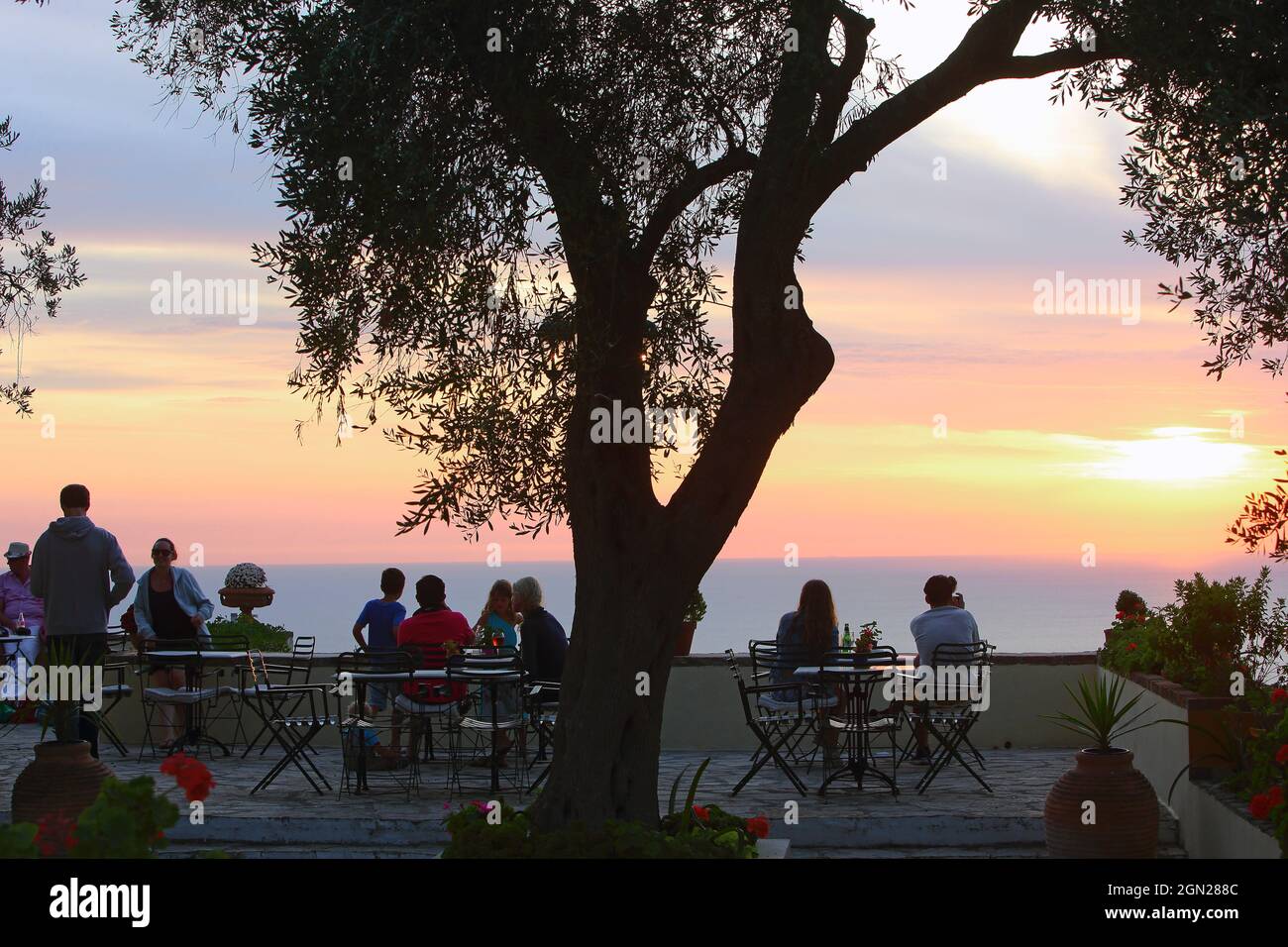Sunset from the terrace of the Levant Hotel, Pelekas, Corfu Island ...