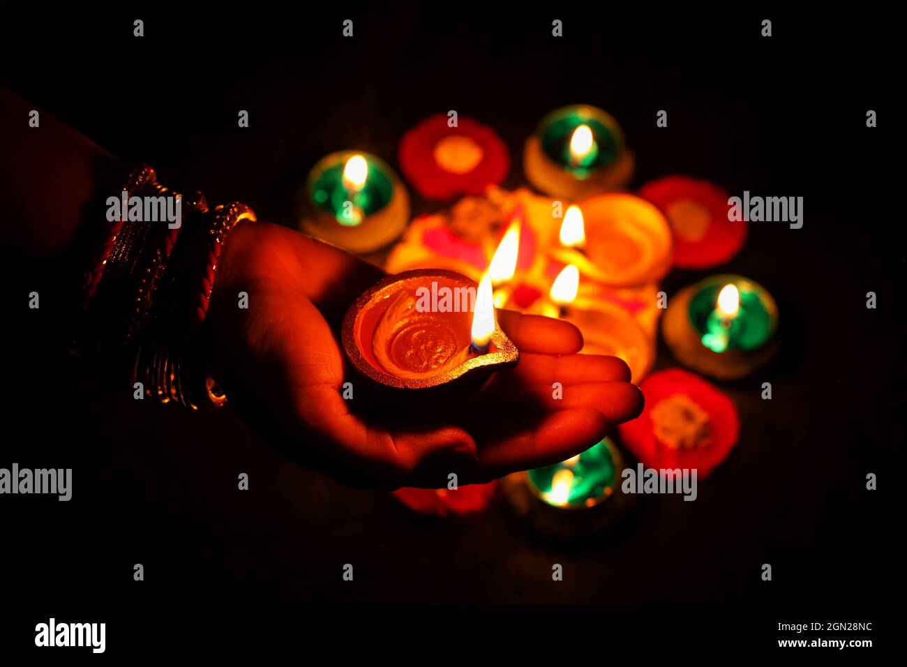 Diwali celebration Indian festival of lights Diya oil lamp and colors ...
