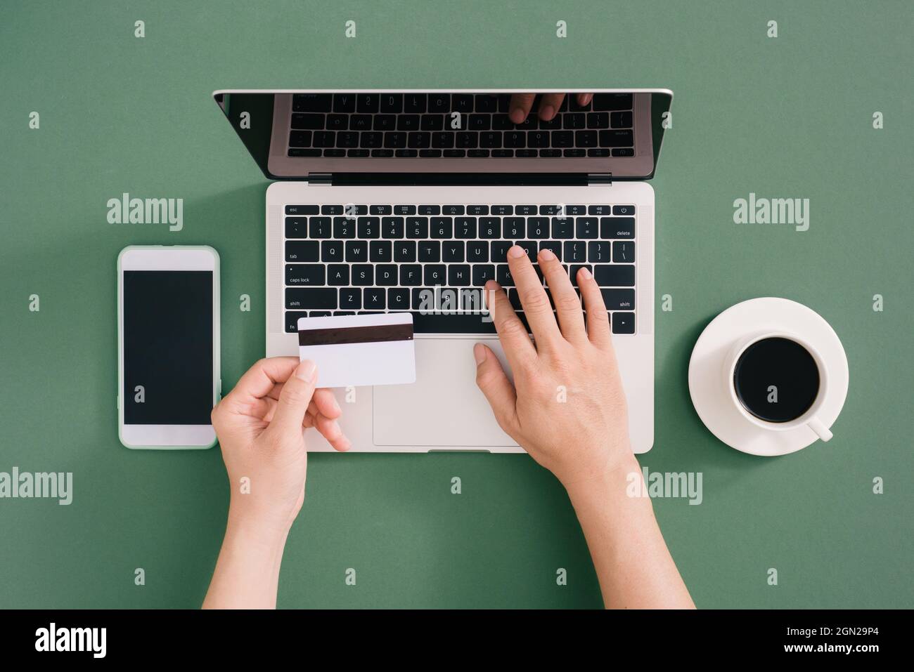 Top view of fashion office desk with credit card for online payment on ...