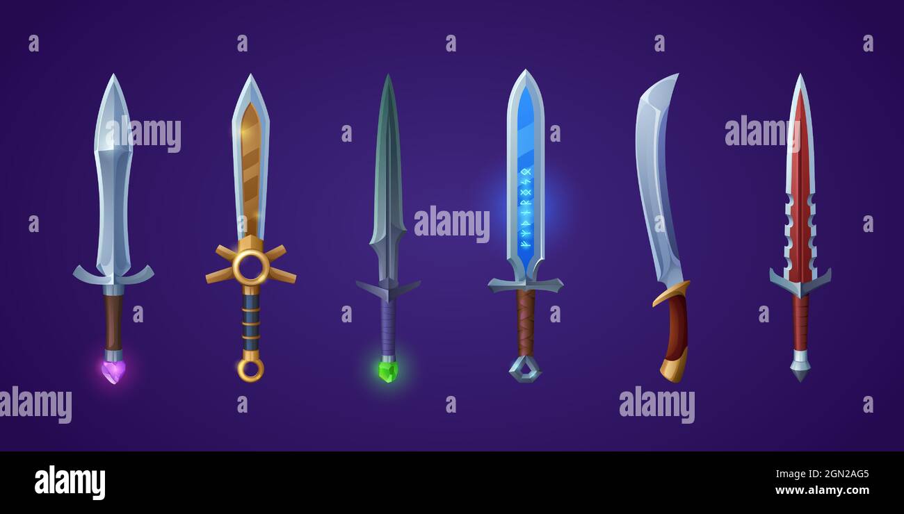 Medieval swords, weapons of knight, king or warrior with magic runes ...