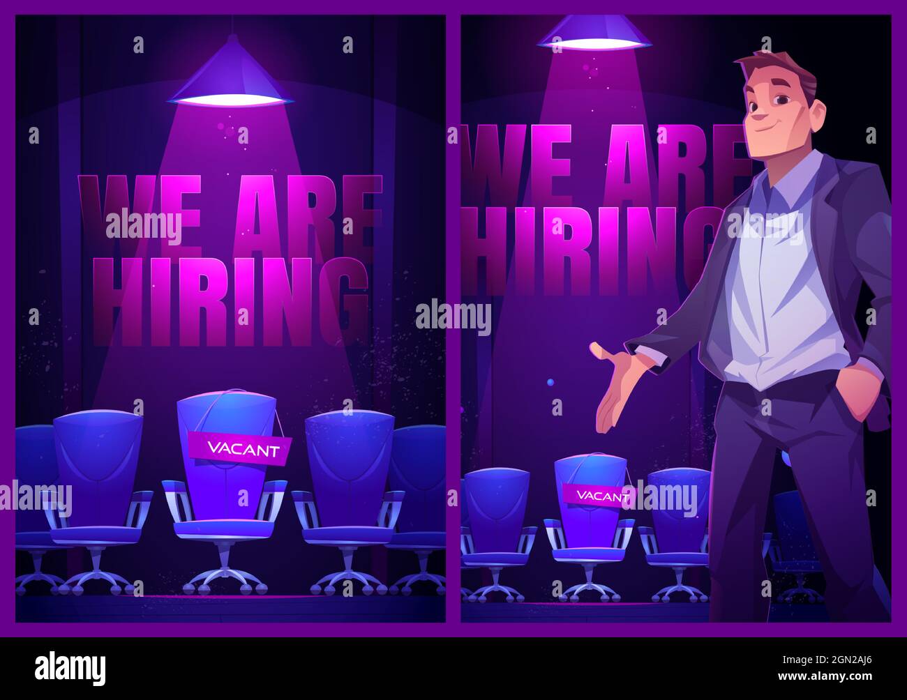 We are hiring posters with empty chair and hr manager. Vector banners ...