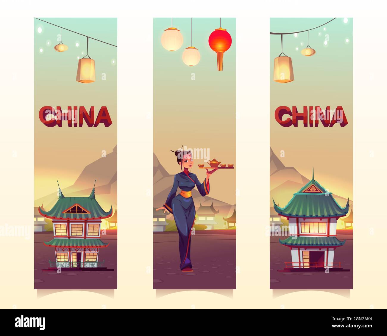 China and Chinese culture vertical banners or bookmarks. Asian woman in ...