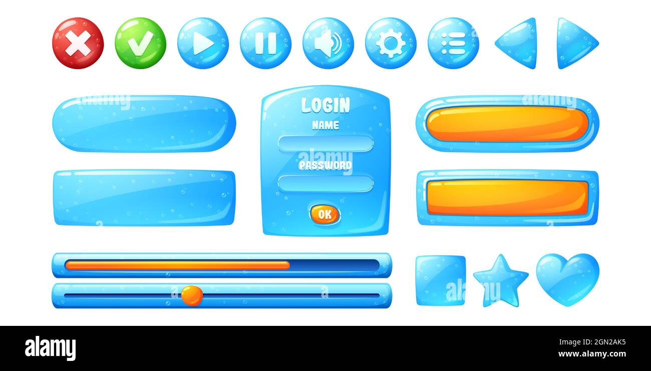 Buttons with blue jelly texture for user interface design in game. Vector cartoon set of ui ...