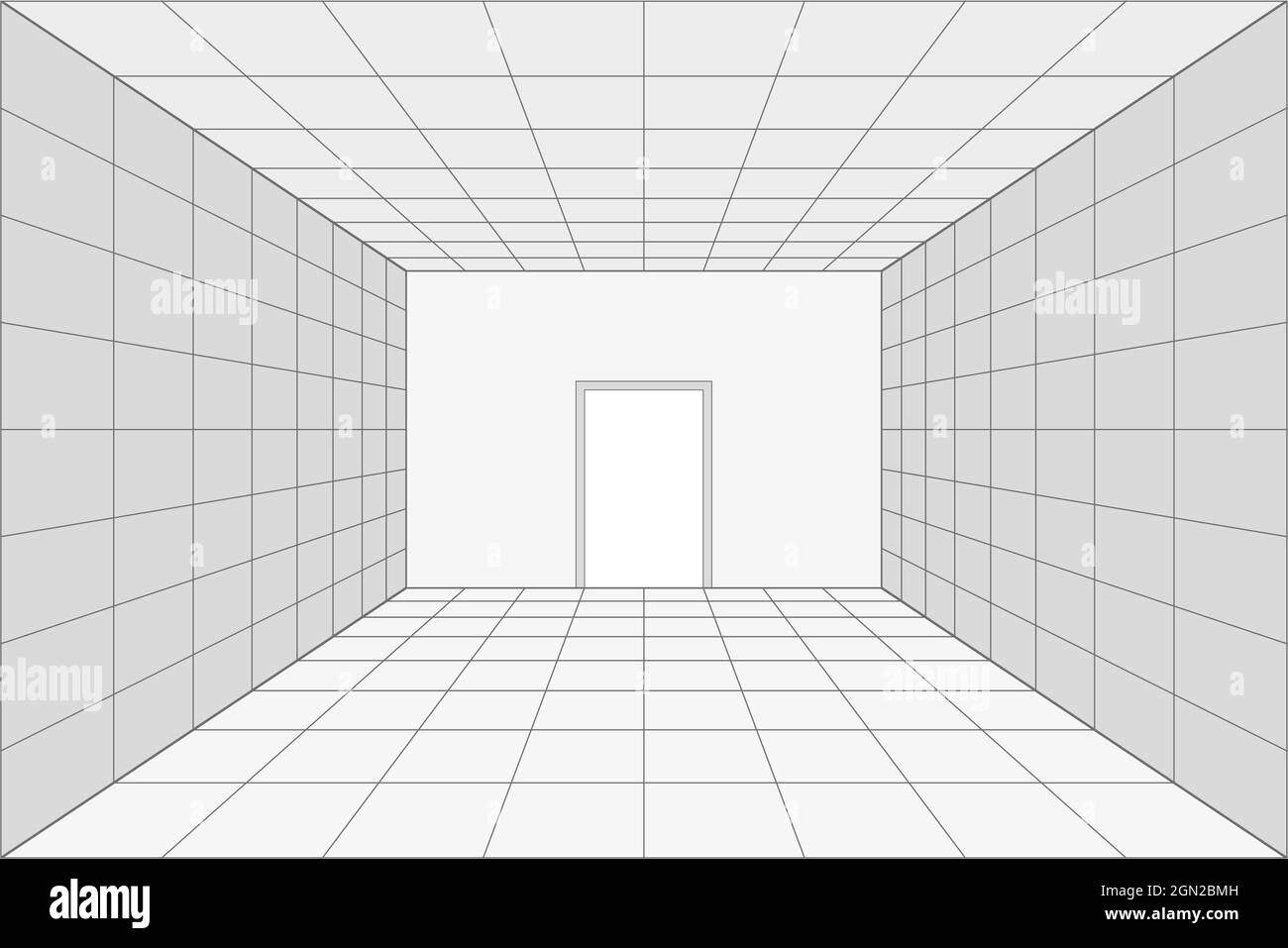 Grid perspective white room with door. Gray wireframe background ...