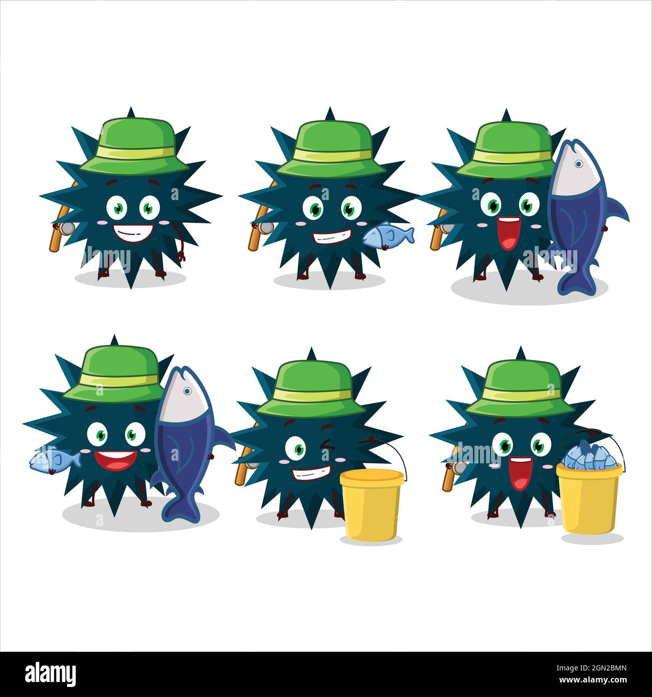 A fisherman biohazard virus cartoon picture catch a big fish. Vector ...