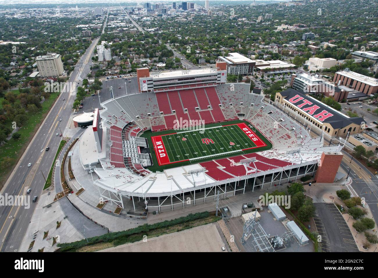 An aerial view of Rice-Eccles Stadium on the campus of the University ...
