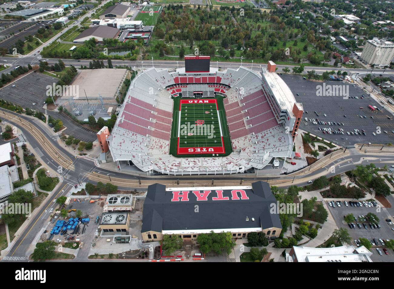An aerial view of Rice-Eccles Stadium on the campus of the University ...