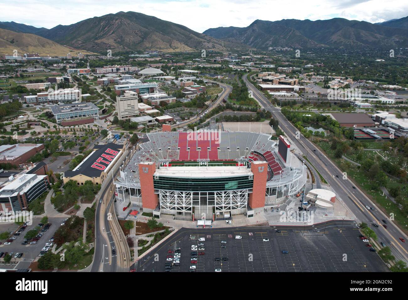An aerial view of Rice-Eccles Stadium on the campus of the University ...