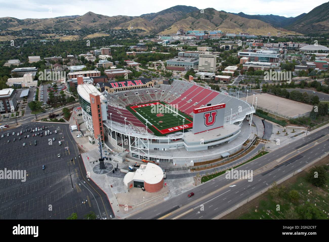 An aerial view of Rice-Eccles Stadium on the campus of the University of Utah, Sunday, Sept. 5 ...