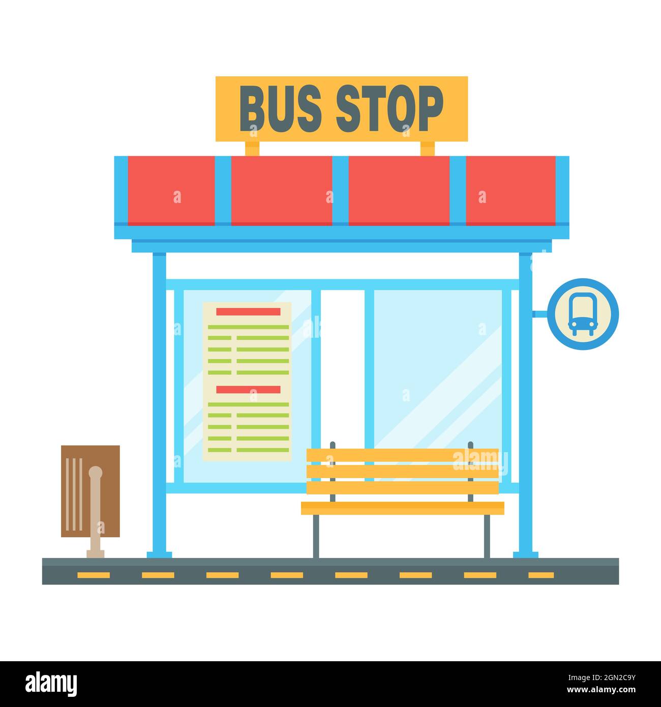 Empty bus stop with the scheme of traffic and the stop sign. Flat ...