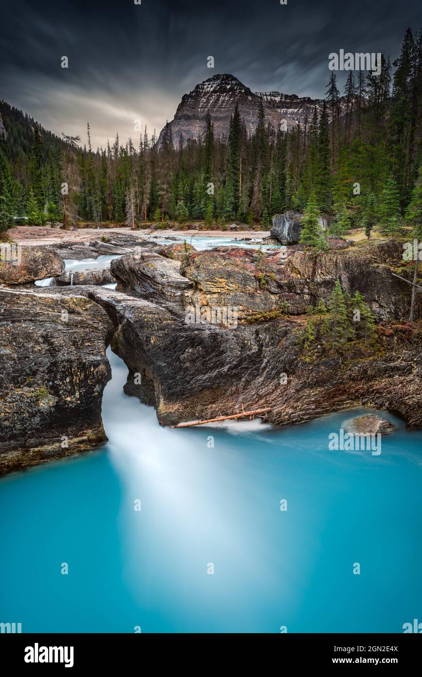CANADA, ALBERTA, YOHO NATIONAL PARK. NATURAL BRIDGE WITH A MOUNTAIN AT ...