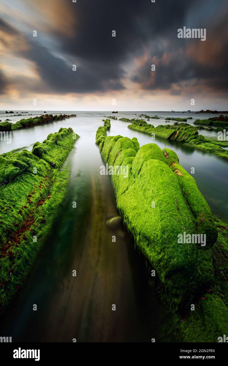 SPAIN, SPANISH BASQUE COUNTRY. BISCAY. BARRIKA. CUT OUT ROCKS COVERED ...