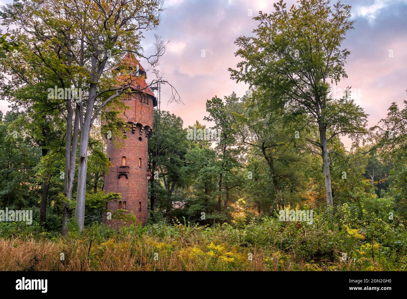 View of the historic water tower with a telecommunications antenna ...