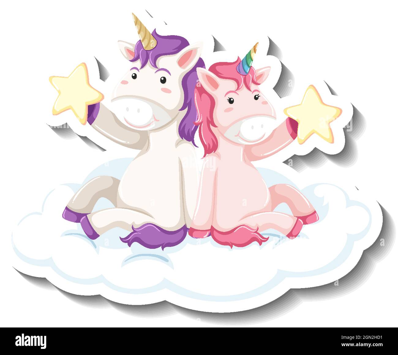 Two cute unicorns sitting on the cloud together cartoon sticker ...