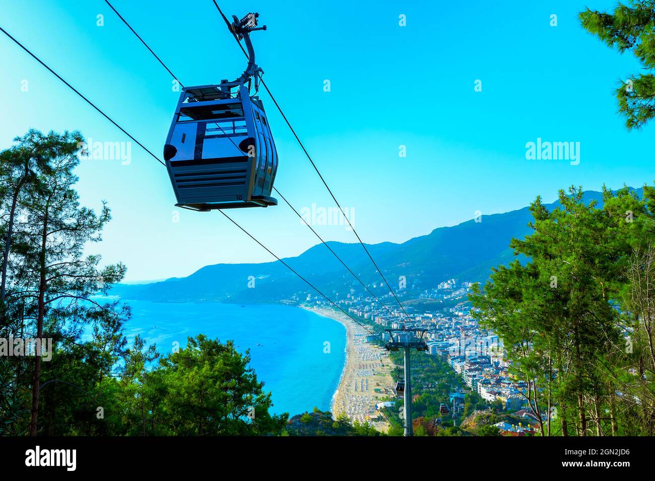 Cable car towards Cleopatra Beach in Alanya, Turkey. Descent by ...