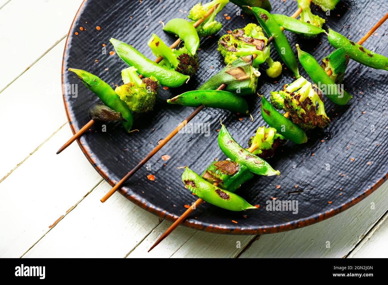 Vegetable kebab with broccoli, green peas and okra.Roasted vegetables ...