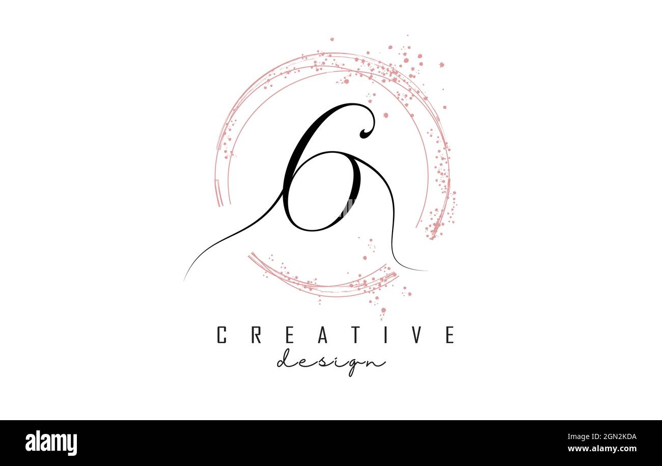 Handwritten 6 six number logo with dust pink sparkling circles and ...