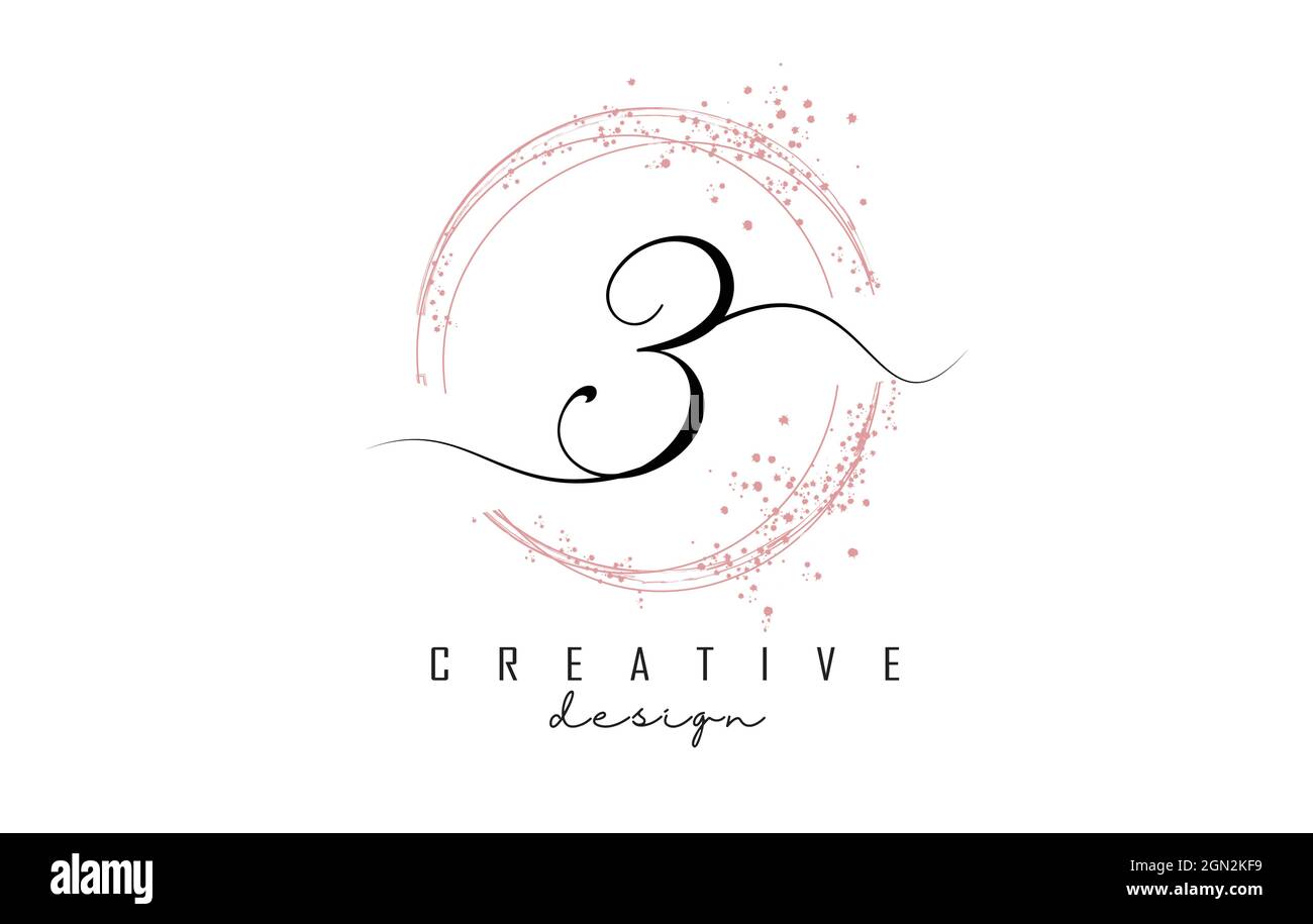 Handwritten 3 three number logo with dust pink sparkling circles and ...