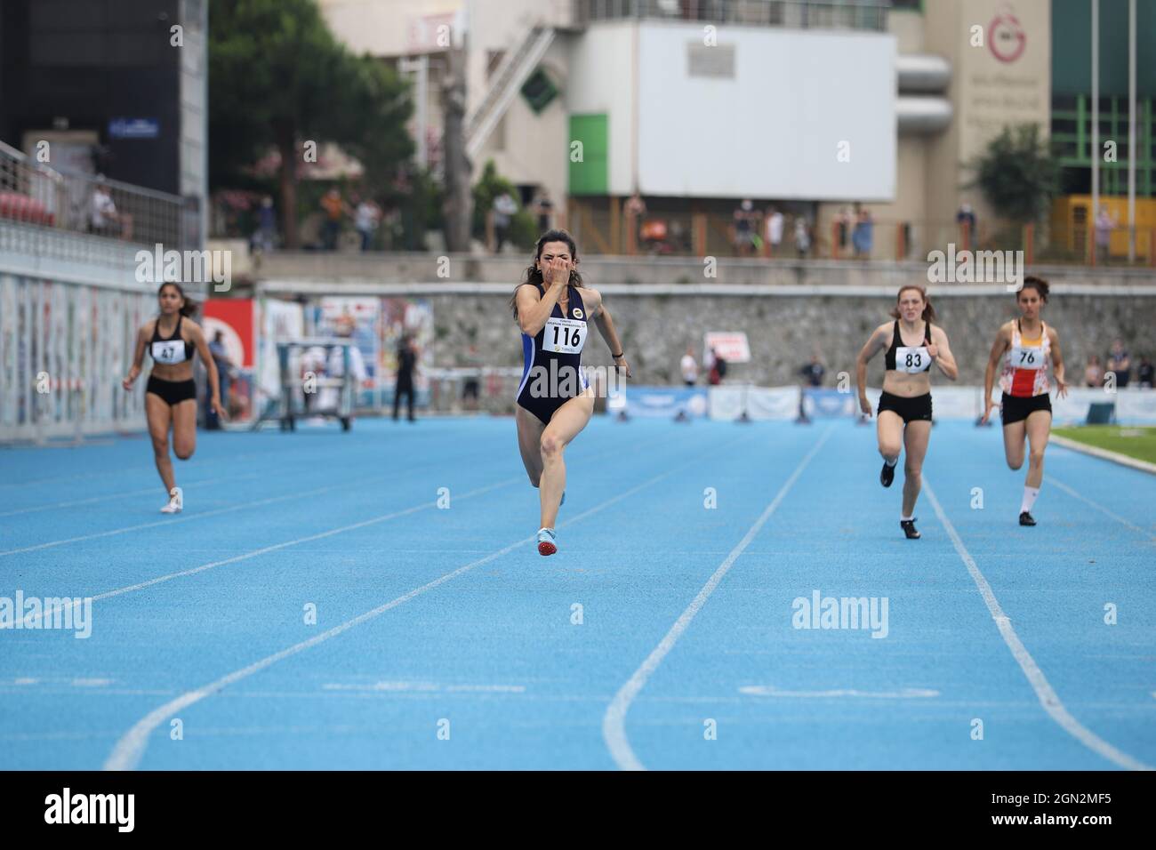 ISTANBUL, TURKEY - JUNE 23, 2021: Athletes running 100 metres during ...