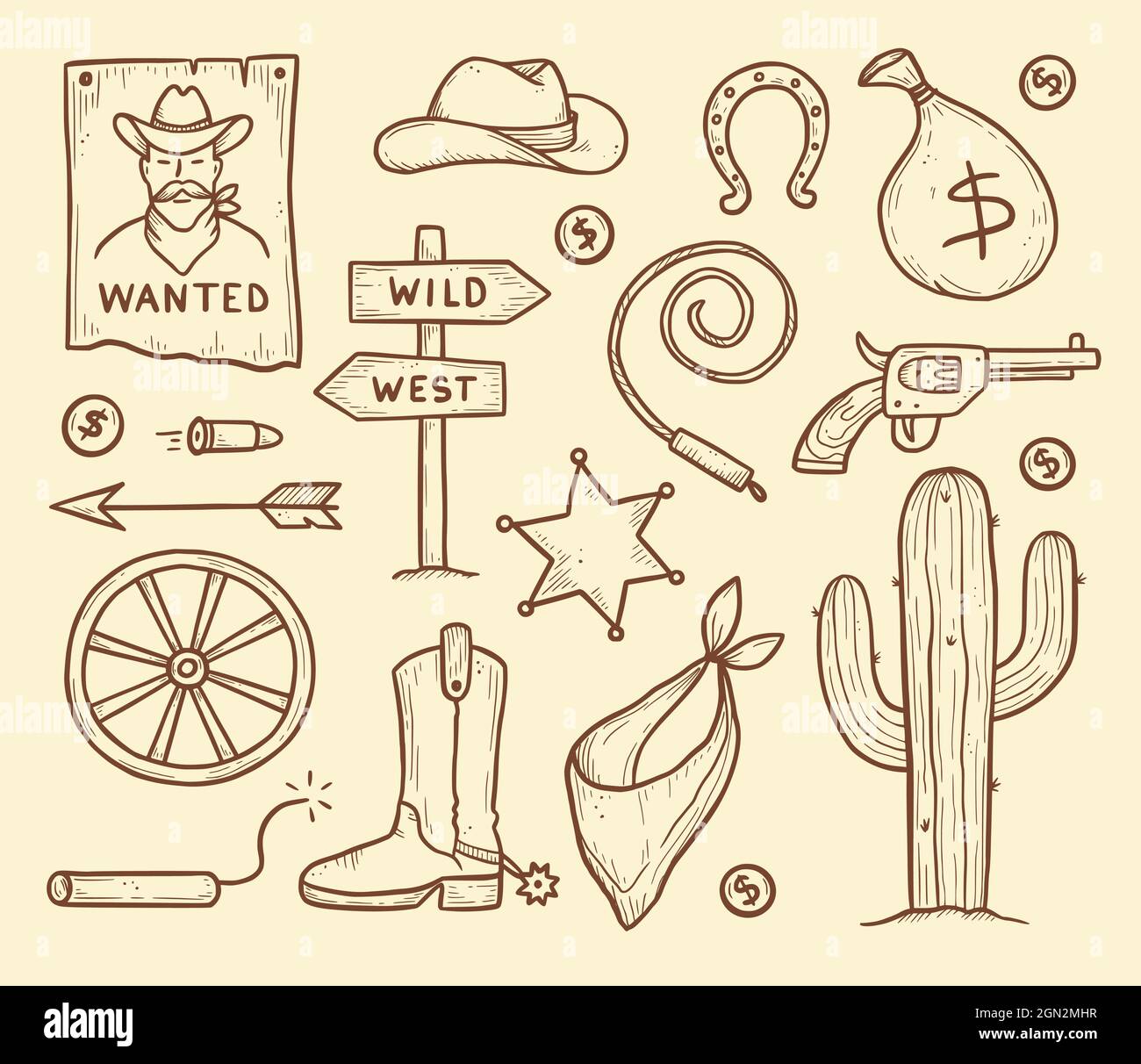 Cowboy western doodle set. Hand drawn sketch line style. Cowboy hat ...